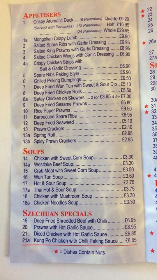 Menu at The Water Margin restaurant, Witney