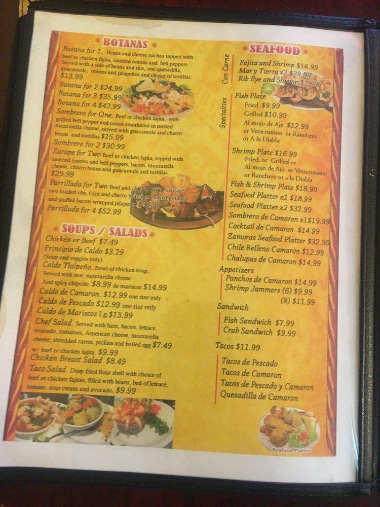 Menu at Zamoras' Restaurant, McAllen, N 23rd St