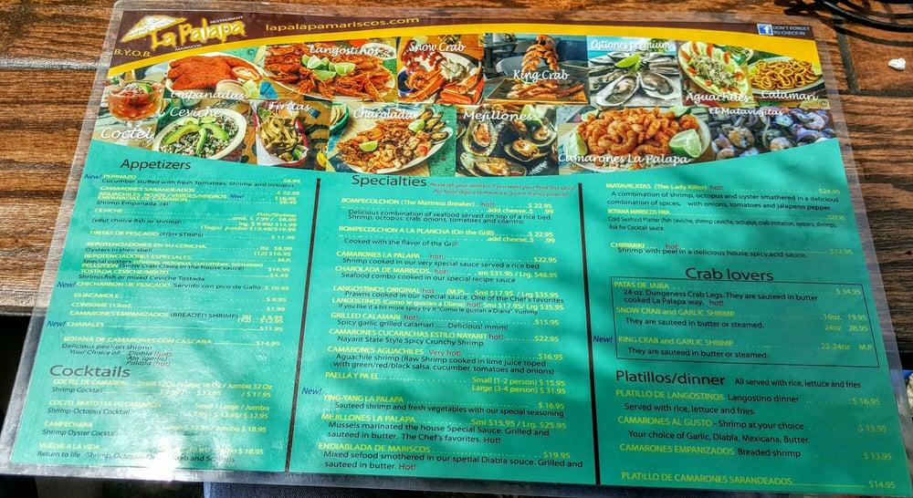 Menu at La Palapa restaurant, Chicago, W 34th St
