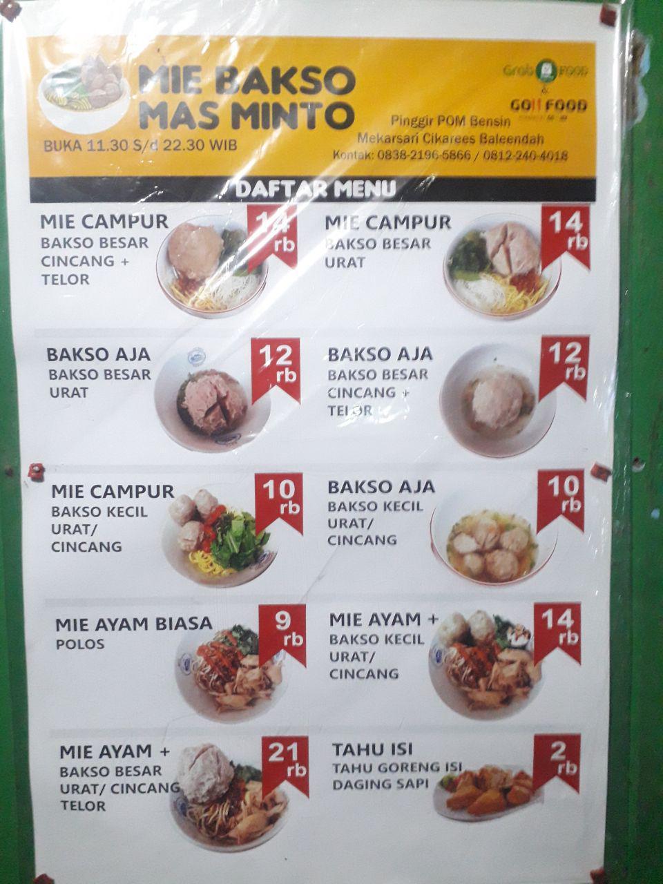 Menu at Mie Baso Mas Minto restaurant, Bandung