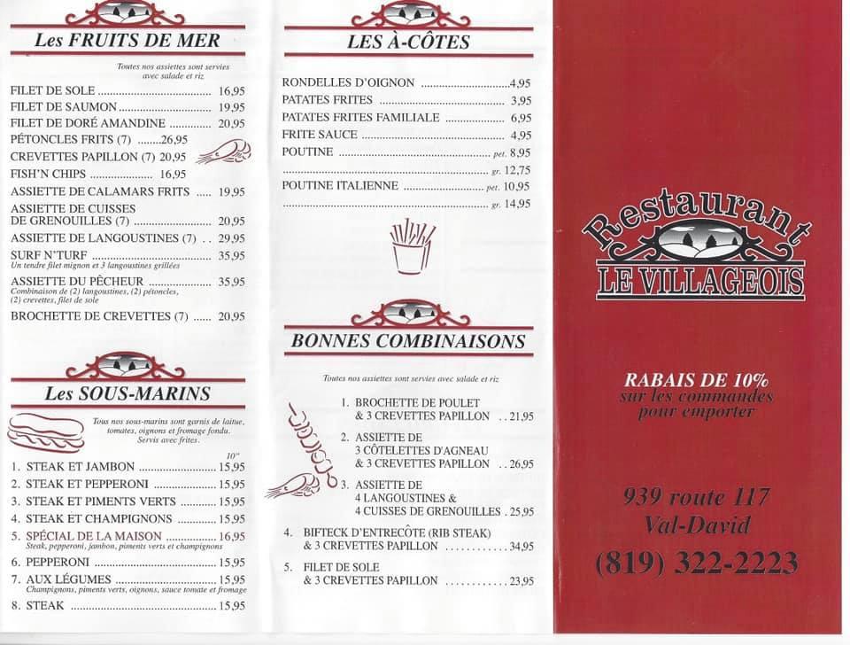 Menu at Restaurant le Villageois VAL-DAVID, Val-David
