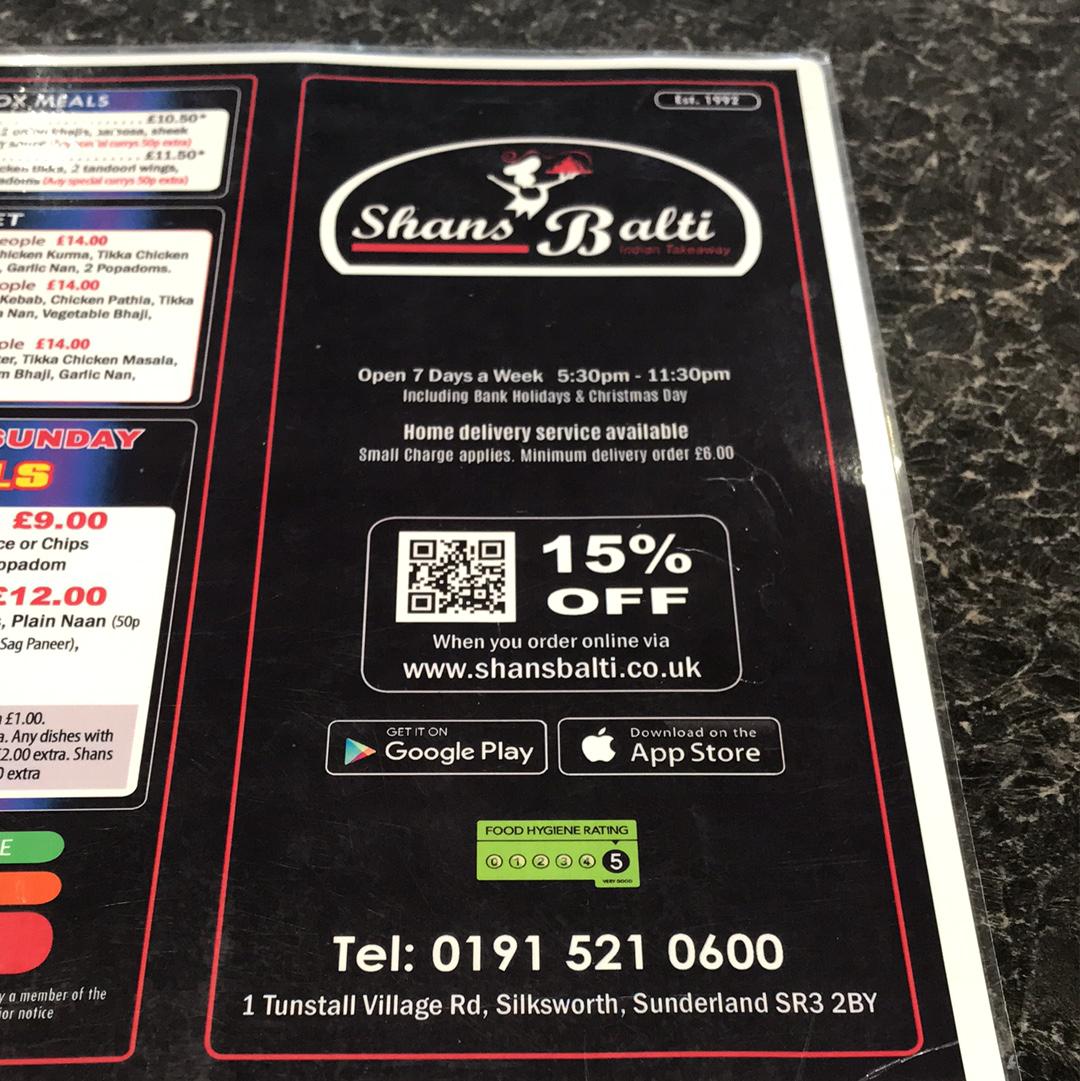 Menu at Shans Balti House fast food, Sunderland