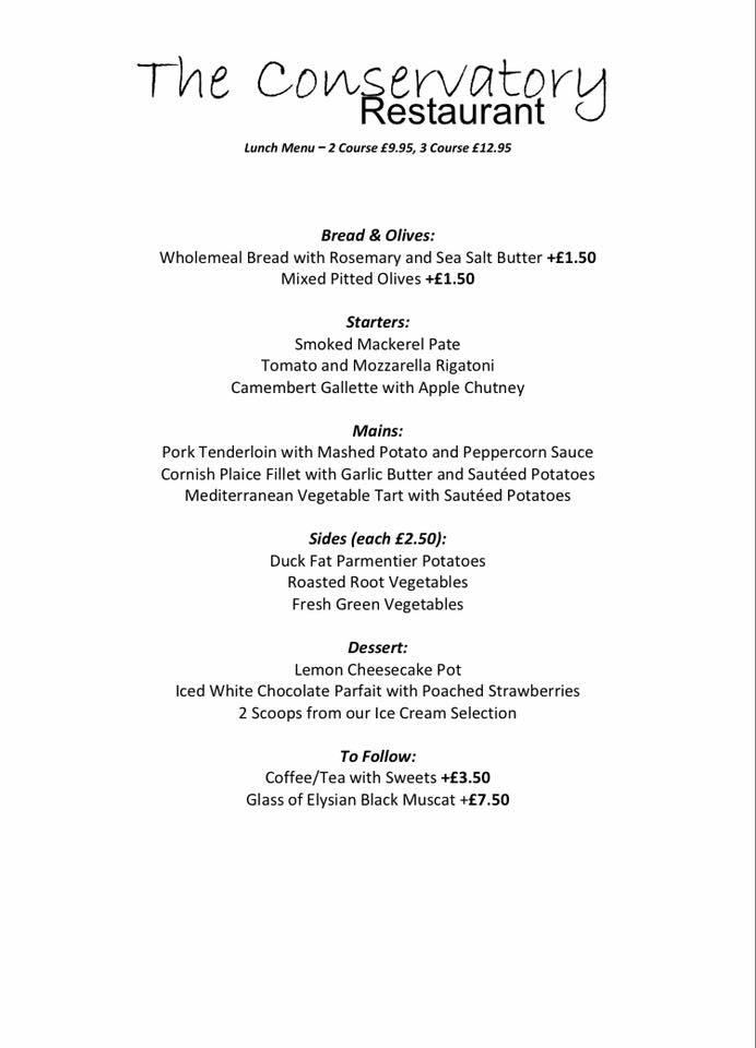 Menu at The Conservatory restaurant, Exeter