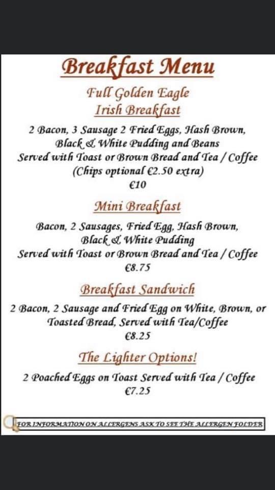 Menu at Hester's Golden Eagle Bar and Restaurant, Castlerea