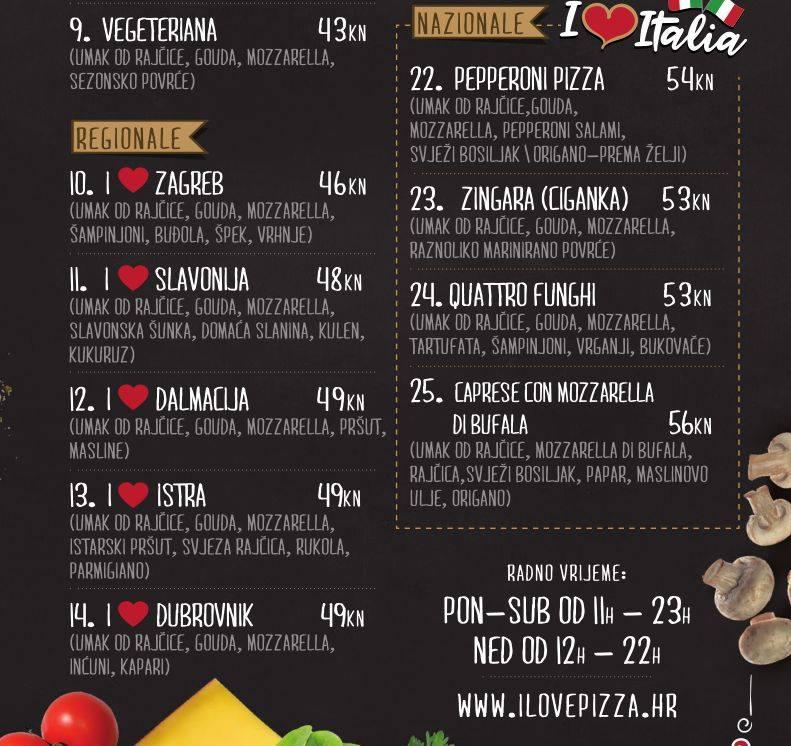 Menu at I love pizza pizzeria, Zagreb