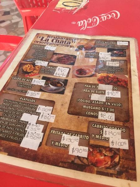Menu at La Chata restaurant, Ciudad Frontera, Carretera 30