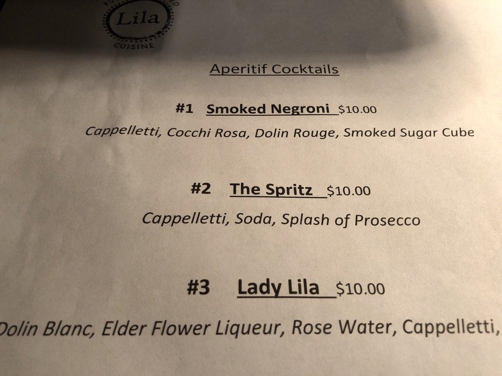 Menu at Lila restaurant, Sarasota