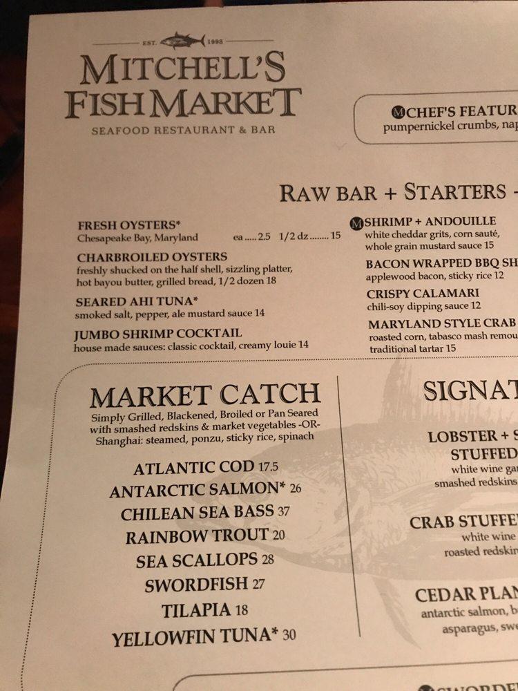 Menu at Mitchell's Fish Market restaurant, Pittsburgh, Washington Rd
