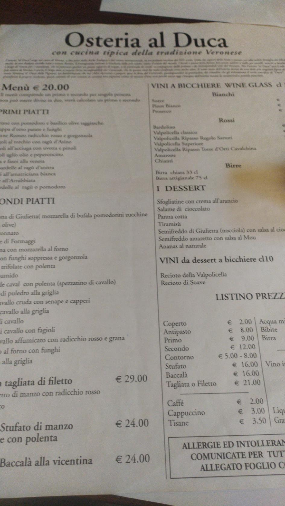 Menu da Osteria al Duca ristorante, Verona
