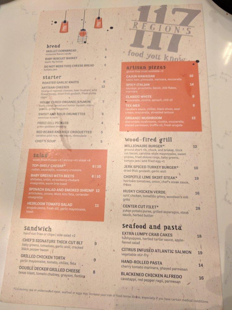 Menu at Region's 117 pub & bar, Lake Frederick