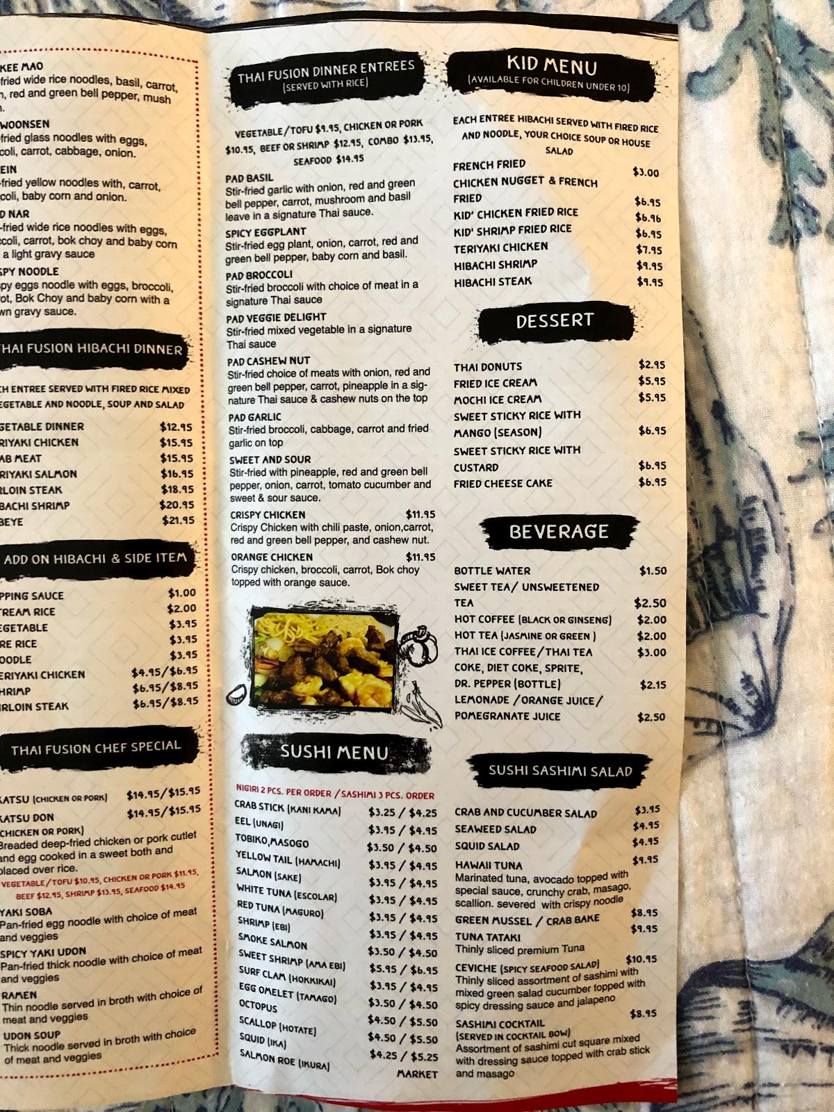 Menu at Thai Fusion restaurant, Mobile