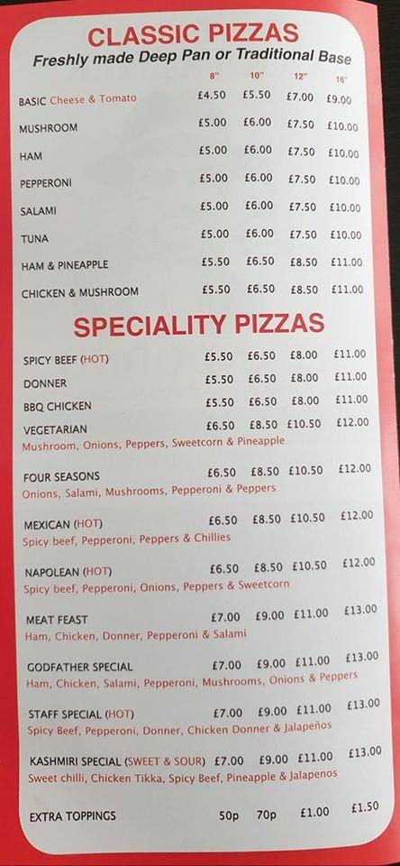 Menu at The Godfather fast food, Llandudno