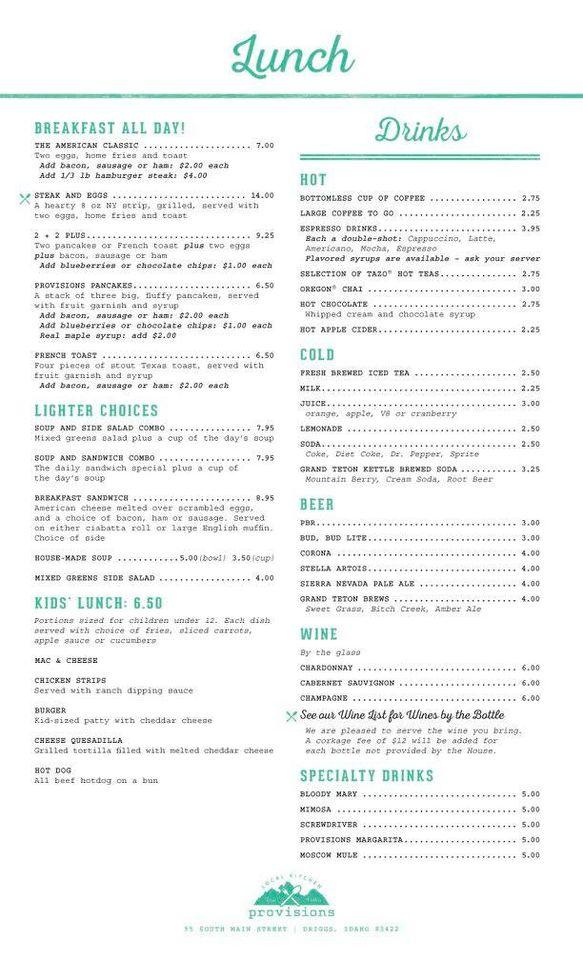 Menu at The Provision Kitchen pub & bar, Driggs