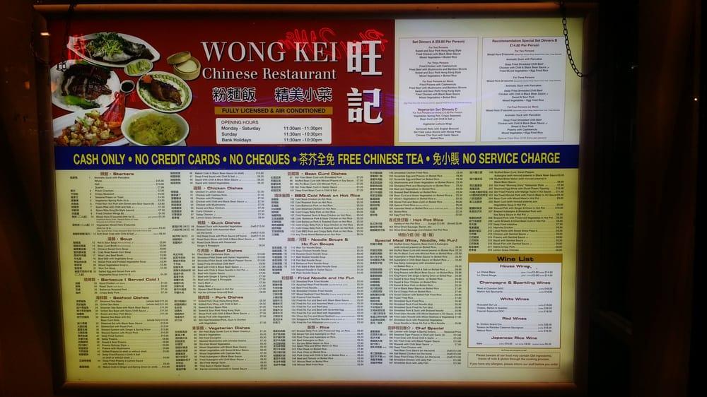 Menu at Wong Kei restaurant, London, 41-43 Wardour St