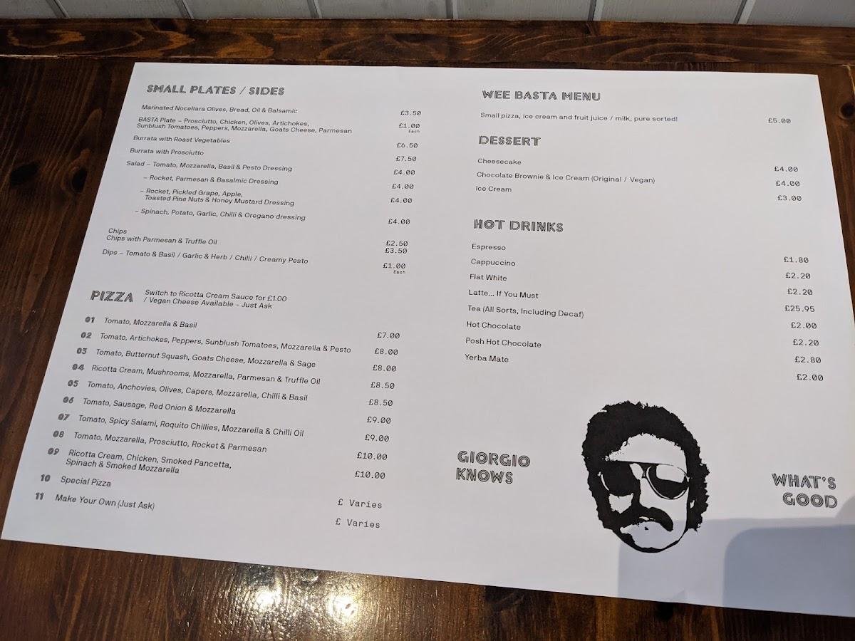 Menu at Basta Pizza Bar, Glasgow