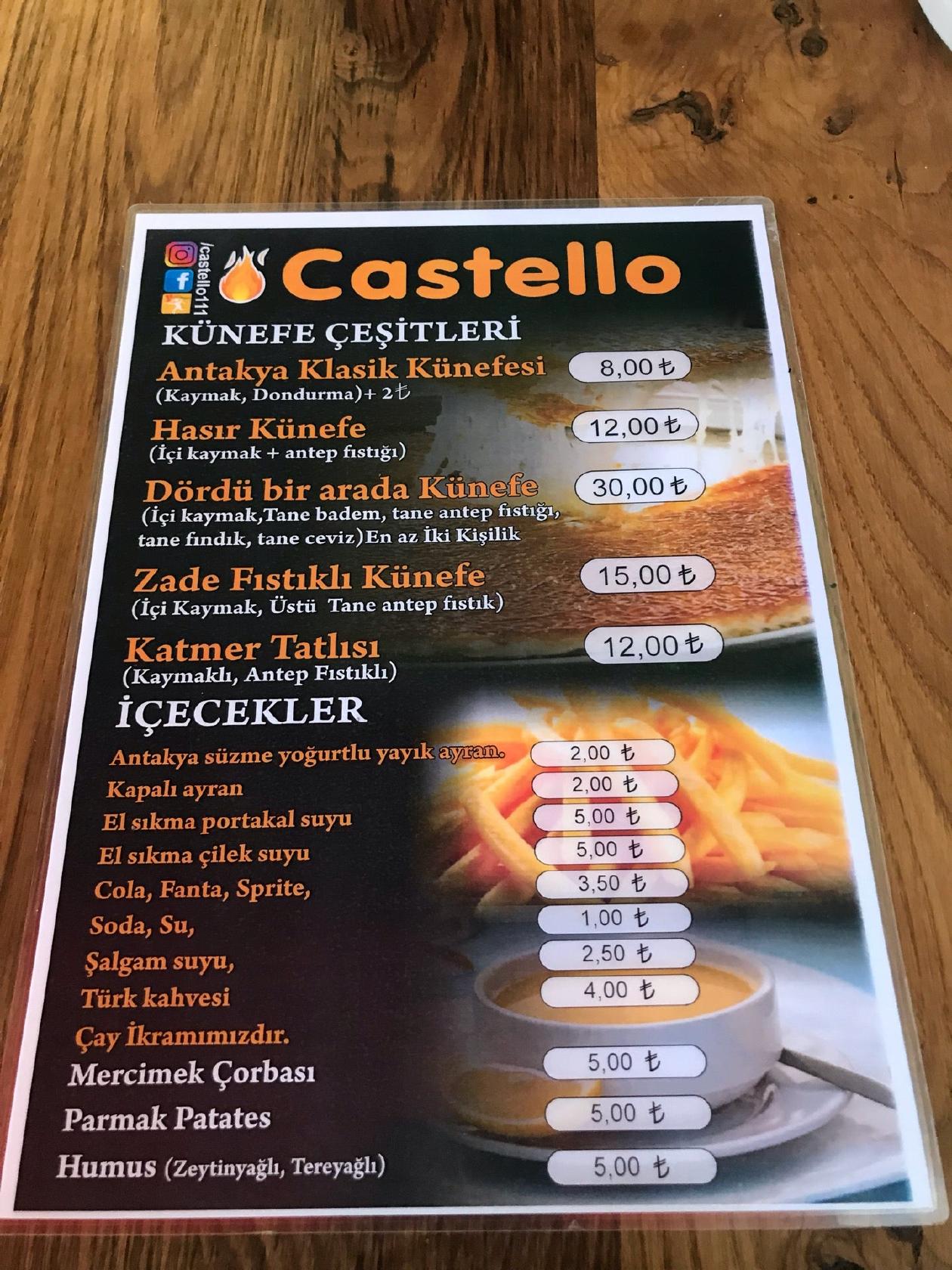 Menu at Castello Döner, Ankara