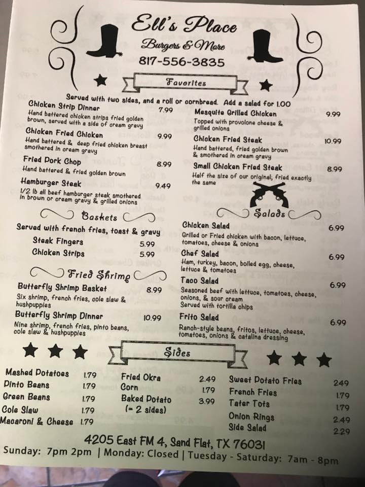 Menu at Ells Place restaurant, Cleburne