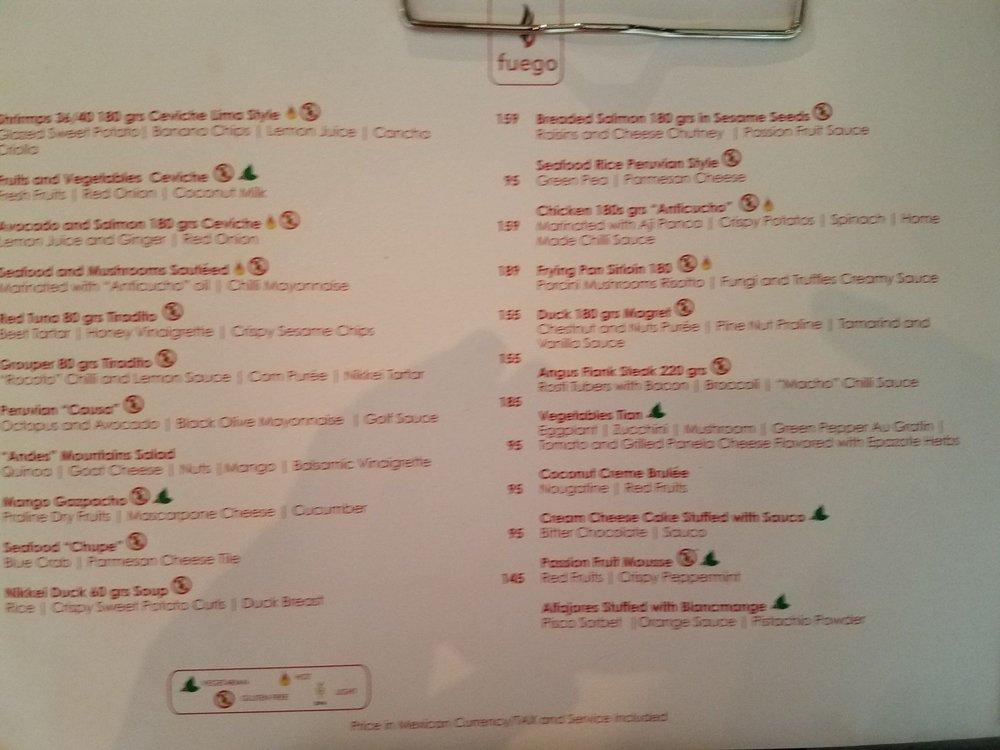 Menu at Fuego restaurant, Cancún