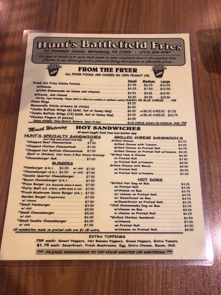 Menu at Hunt's Battlefield Fries cafe, Gettysburg