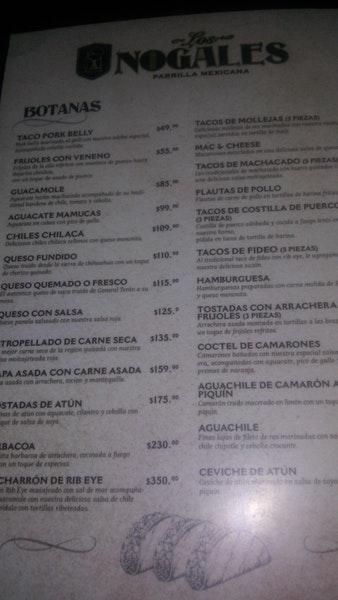 Carta de parrilla Los Nogales, Monterrey, Carretera Nacional Km 268