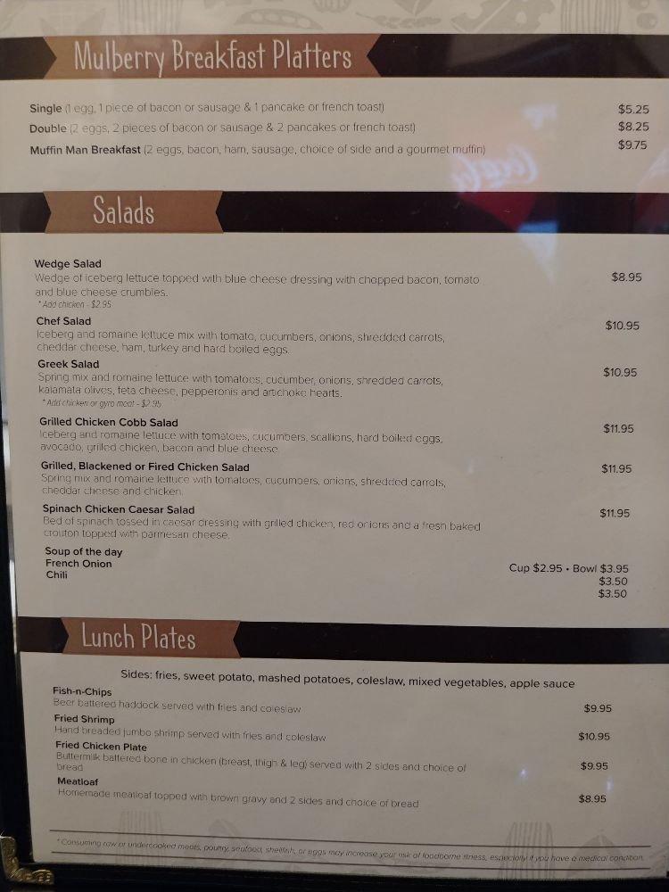 Menu at Mulberry Lane Cafe, Melbourne