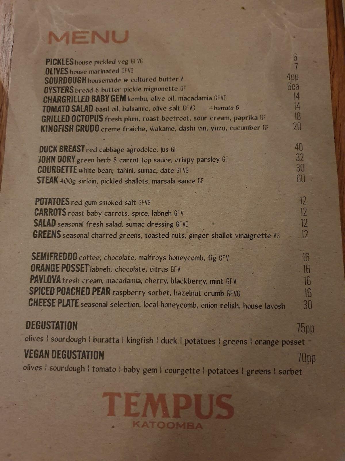 Carta del restaurante Tempus Katoomba, Katoomba