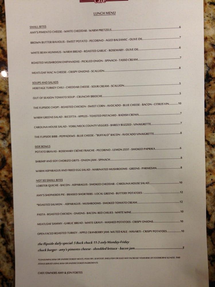 Menu at The Flipside Cafe, Fort Mill