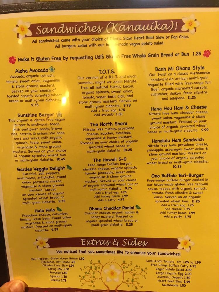 Menu at Ohana restaurant, Dunedin, Main St
