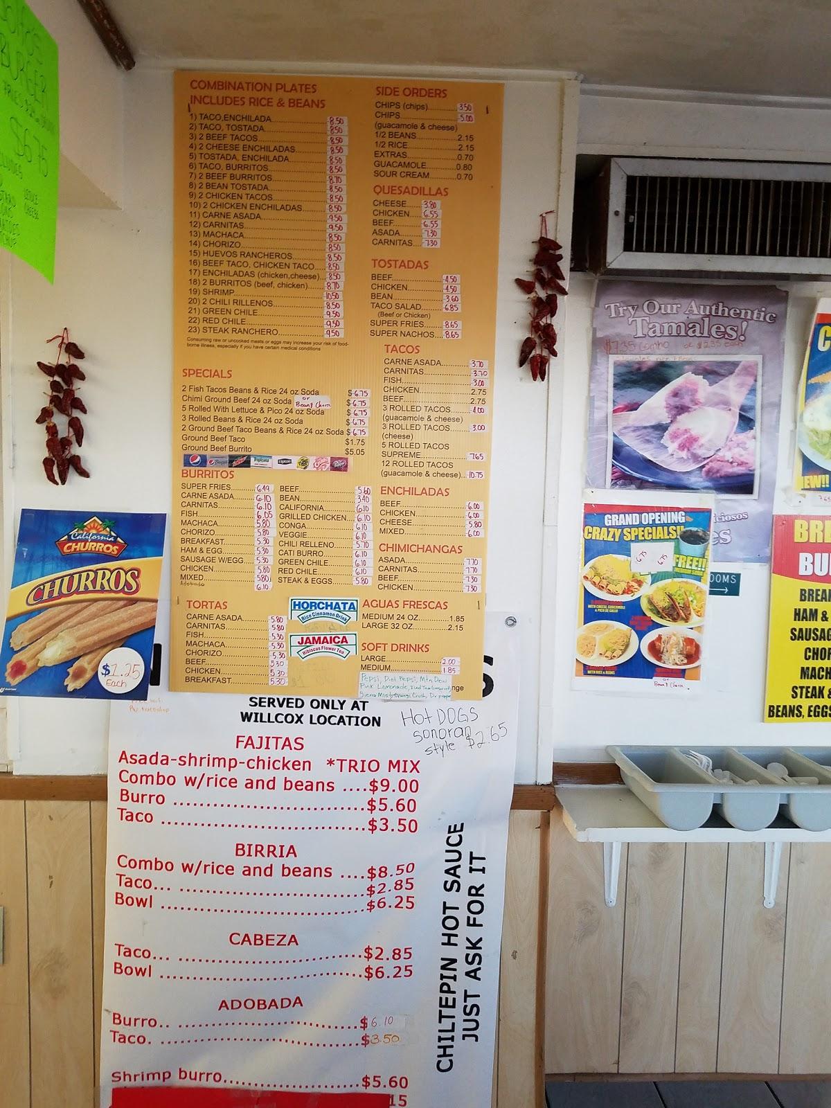 Menu at Adolfo's Taco Shop restaurant, Willcox, 910 W Rex Allen Dr