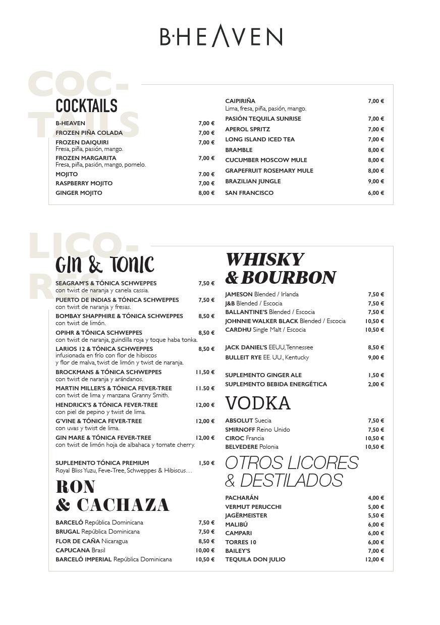 Menu at B-Heaven Relax & Ambience restaurant, Málaga