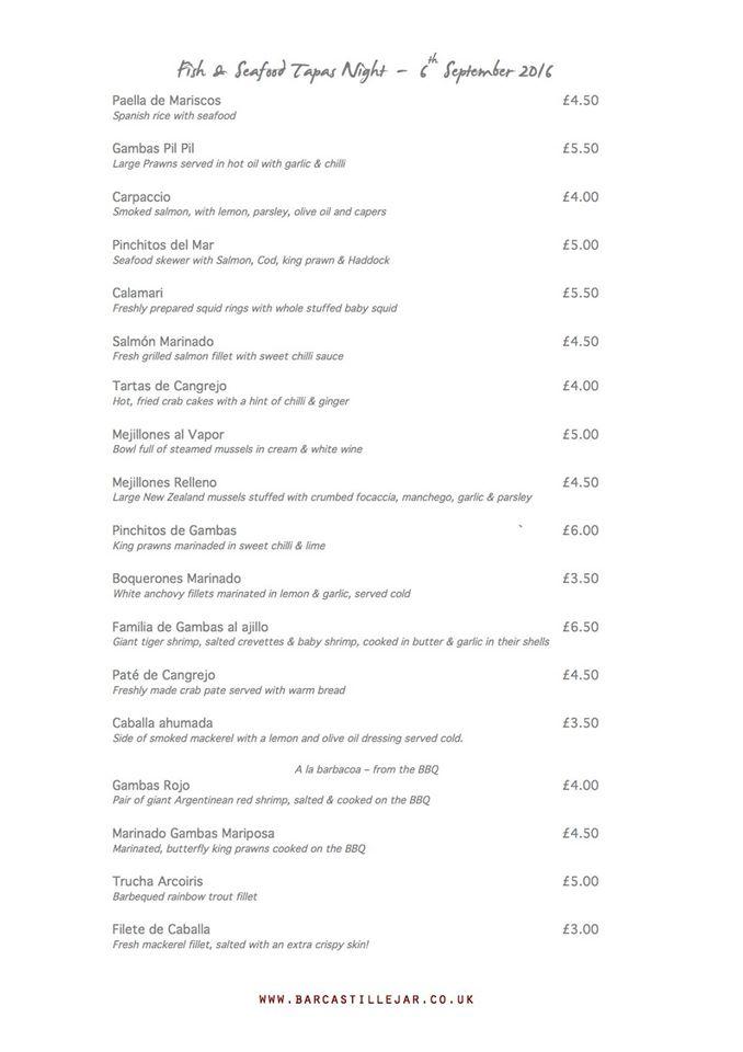 Menu at Bar Castilléjar, Louth