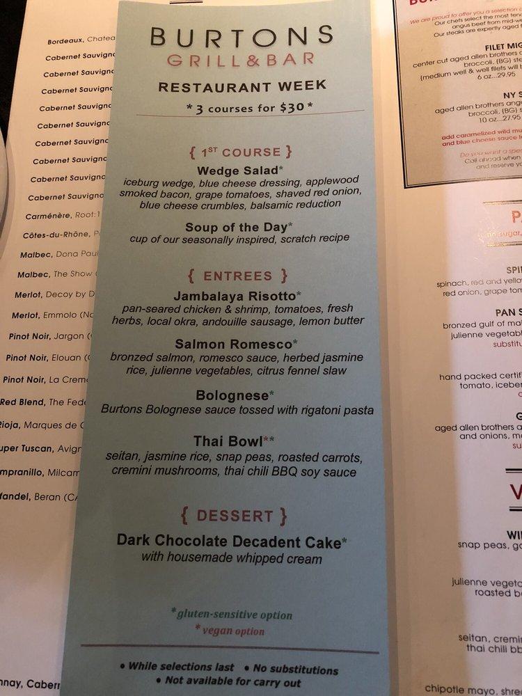Menu at Burtons Grill & Bar, Mount Pleasant