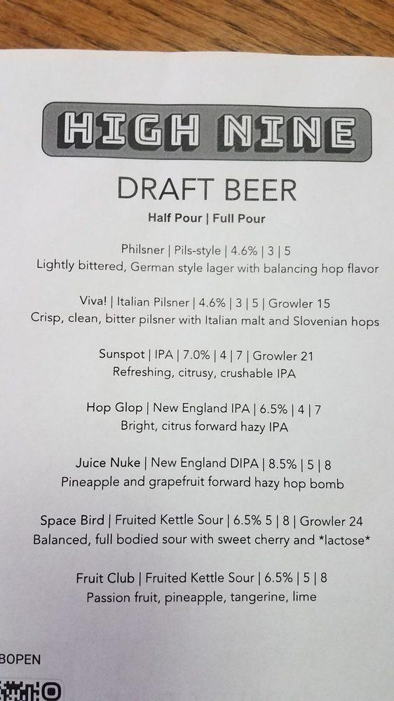 Menu at High Nine Brewing, Deep River