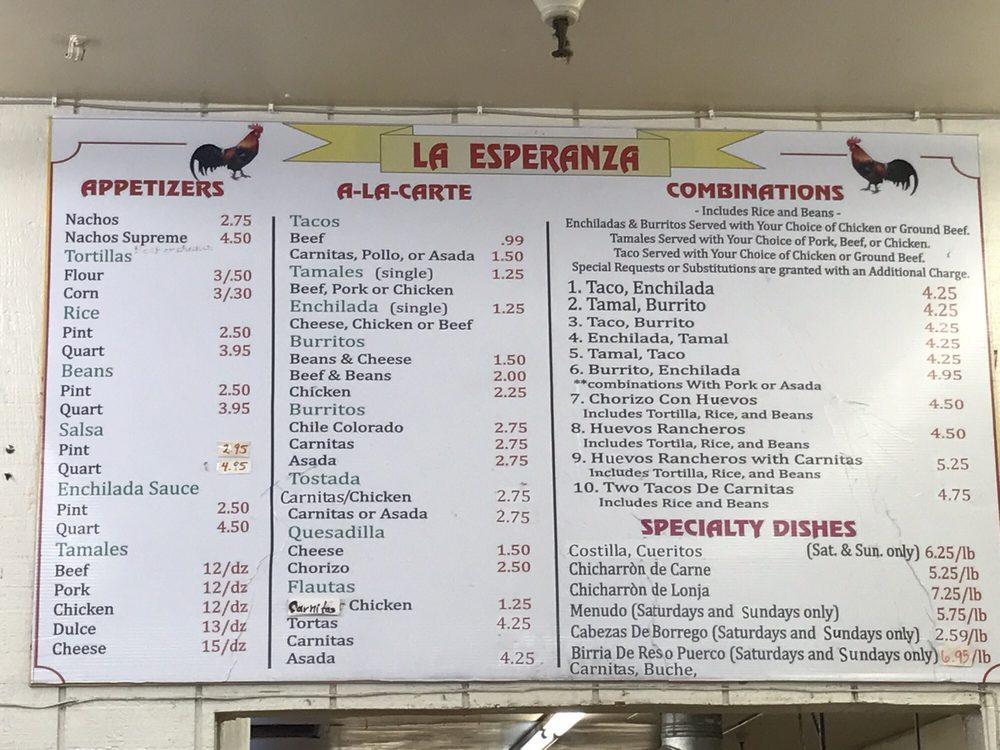 Menu at La Esperanza Méxican Food restaurant, Sacramento