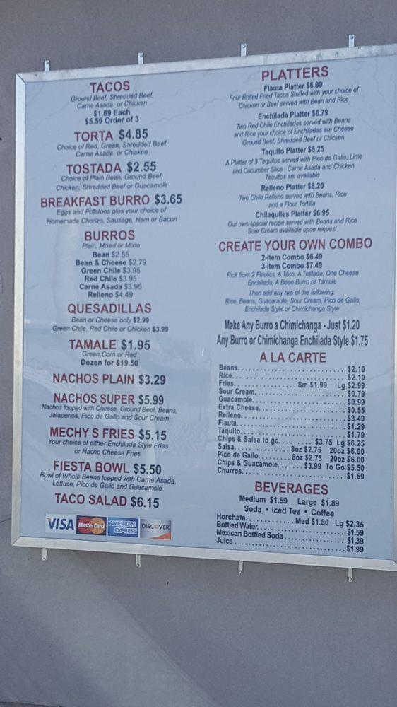 Menu at Mechy's Mexican Food restaurant, Safford, 720 W 5th St