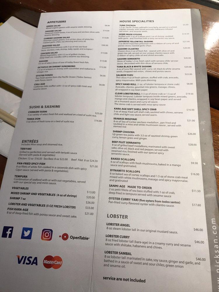Menu at Nicksan Cabo restaurant, Cabo San Lucas
