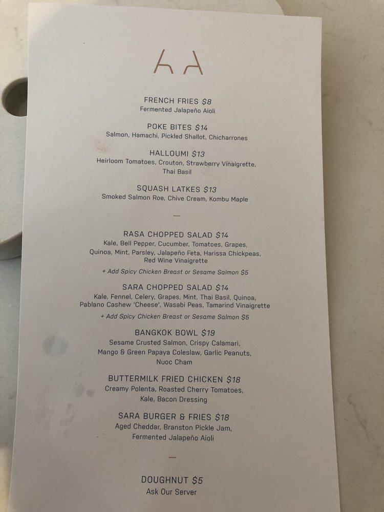 Menu at SARA restaurant, Toronto