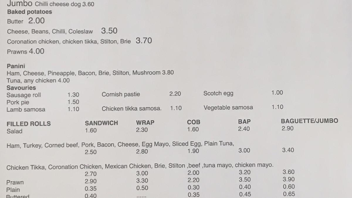 Menu at Sabins sandwich shop restaurant, Royal Leamington Spa