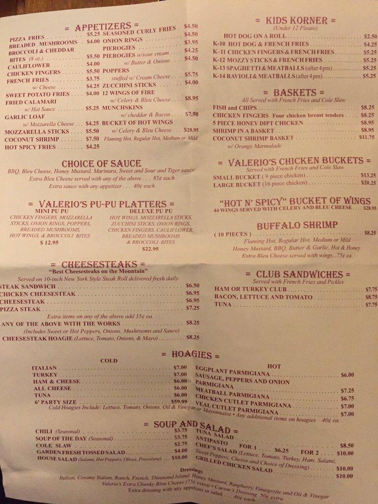 Menu at Valerio's pizzeria, Albrightsville, Rte 903