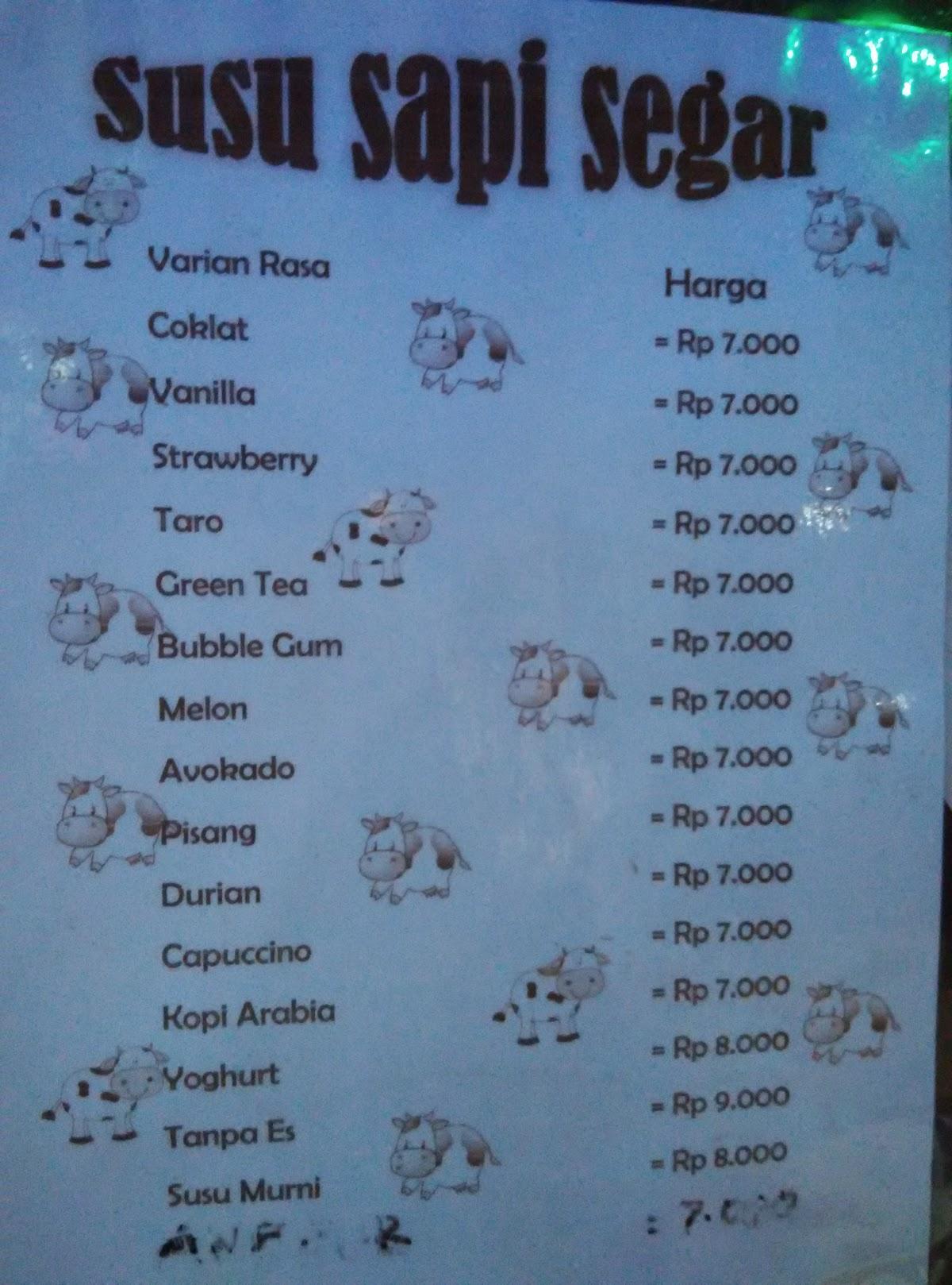 Menu at Warung Susu Sapi Perah restaurant, Angsau