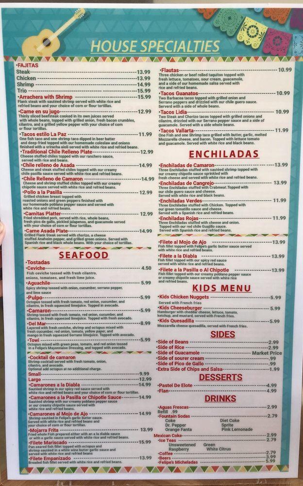 Menu at Felipe's Palm Springs restaurant, Palm Springs