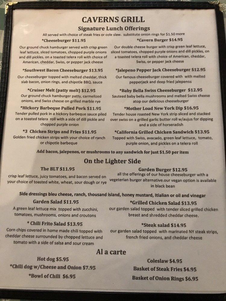 Menu at Grand Canyon Caverns Grotto restaurant, USA