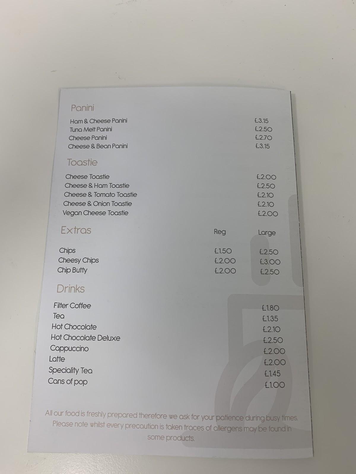 Menu at JC's Cafe, Rotherham