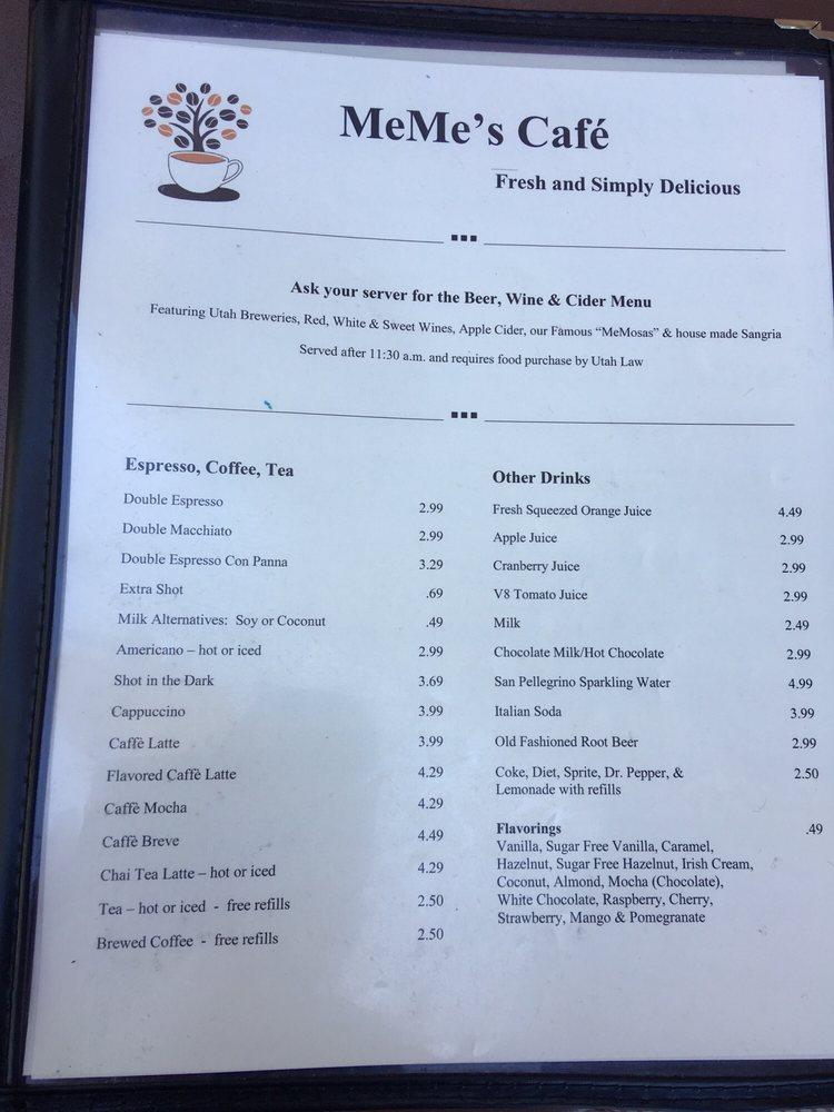 Menu at MeMe's Café cafe, Springdale
