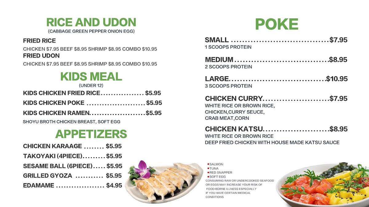 Menu at Osaka poke & ramen restaurant, Pueblo
