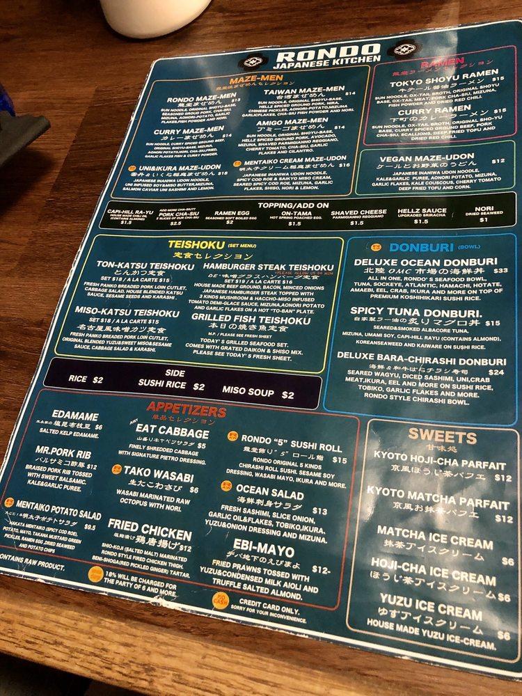 Menu at Rondo Japanese Kitchen restaurant, Seattle
