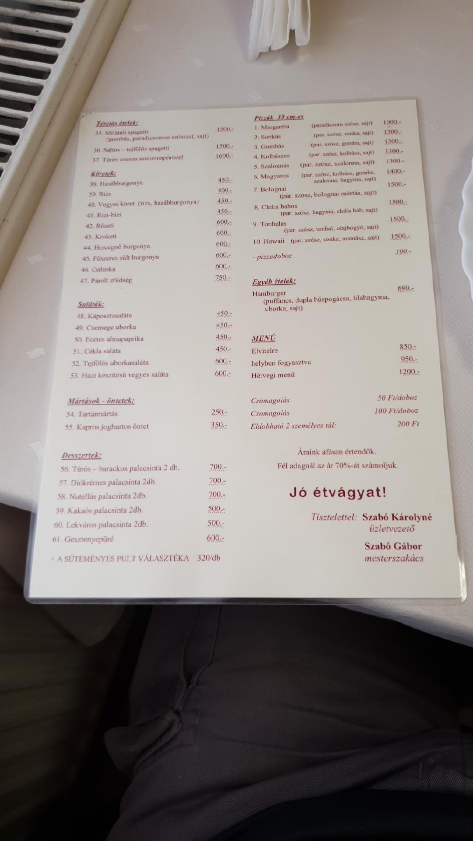 Menu at Spring restaurant, Hosszúhetény