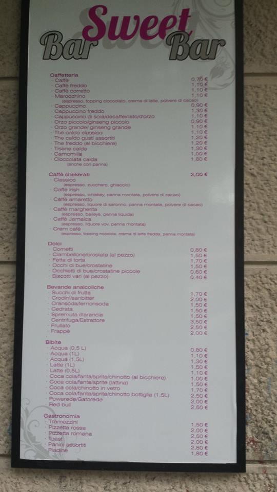 Menu at Sweet Bar, Rome, Via Baldo degli Ubaldi