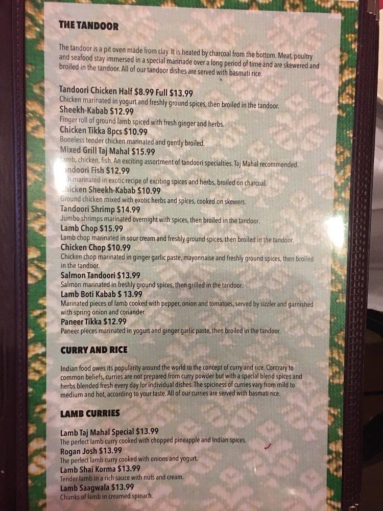 Menu at Taj Mahal Grill restaurant, Kennesaw