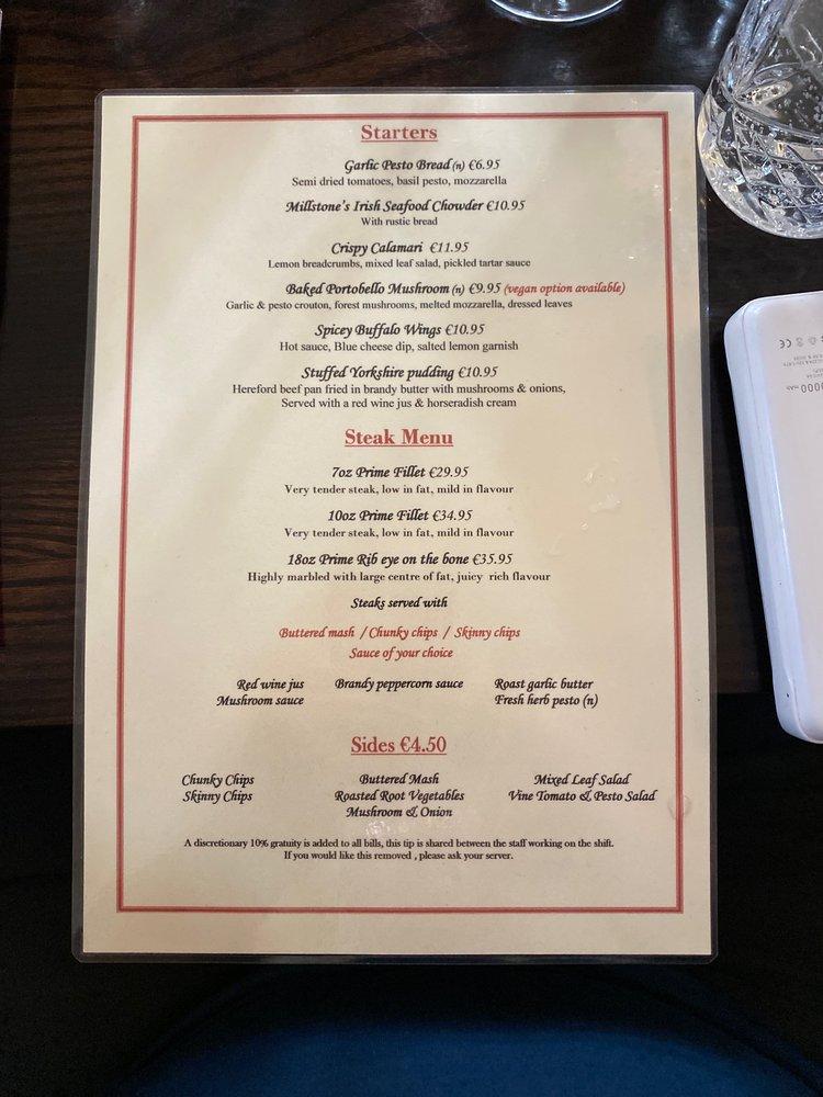 Menu at The Millstone Restaurant, Dublin